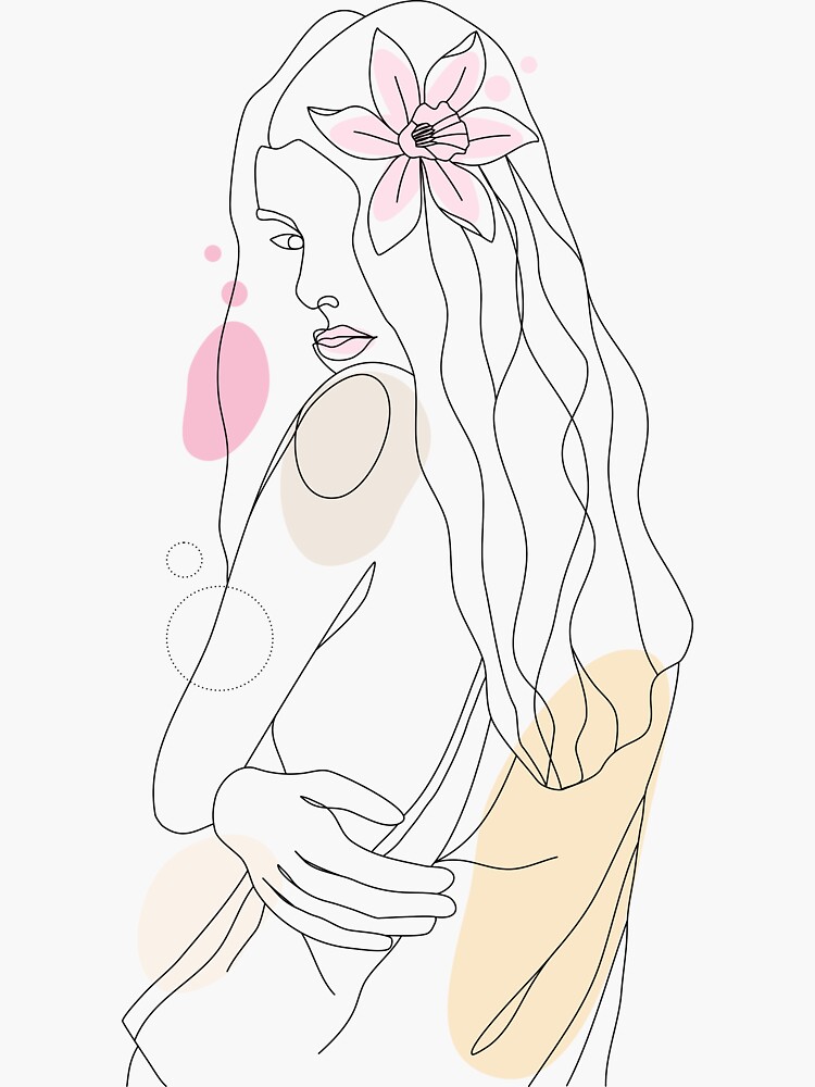 "Minimalist Woman & Pink Flower Line Art Drawing" Sticker for Sale by ...