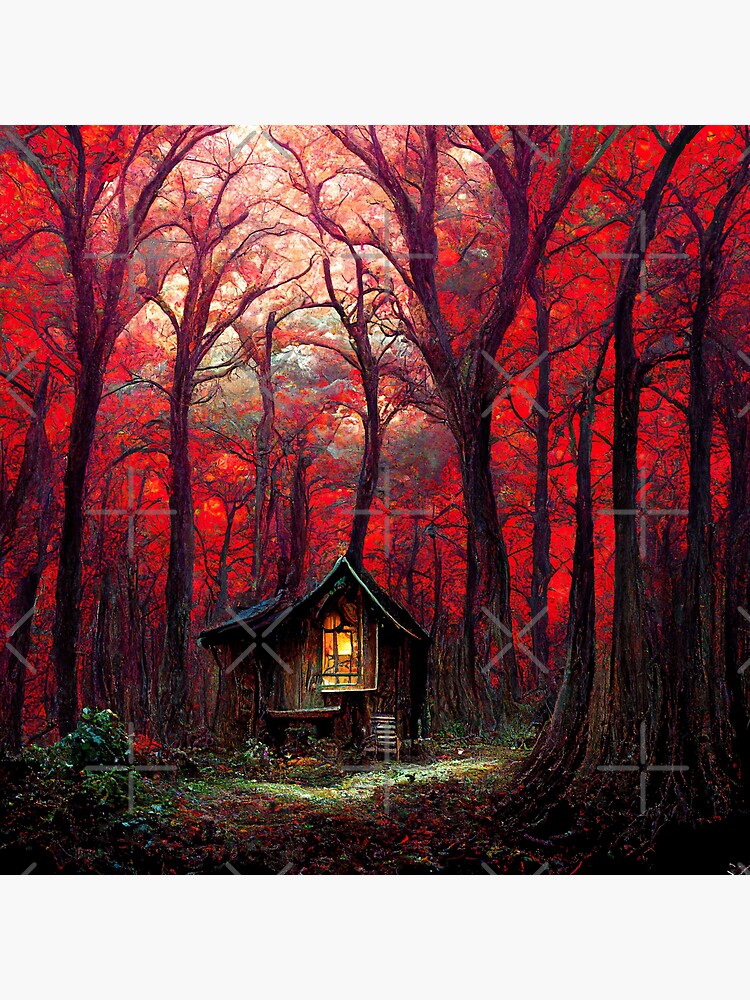 "Cabin in the woods with Blood red trees" Sticker for Sale by Art ...