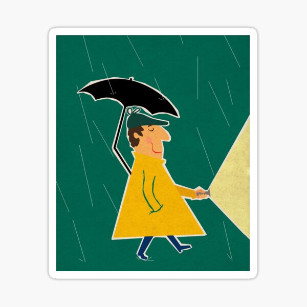 "Retro Cartoon - Rain Man with Umbrella and Flashlight" Sticker for ...