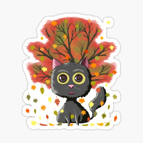 "Cute Kawaii Black Cat Autumn Leaves Fall Thanksgiving" Sticker for ...