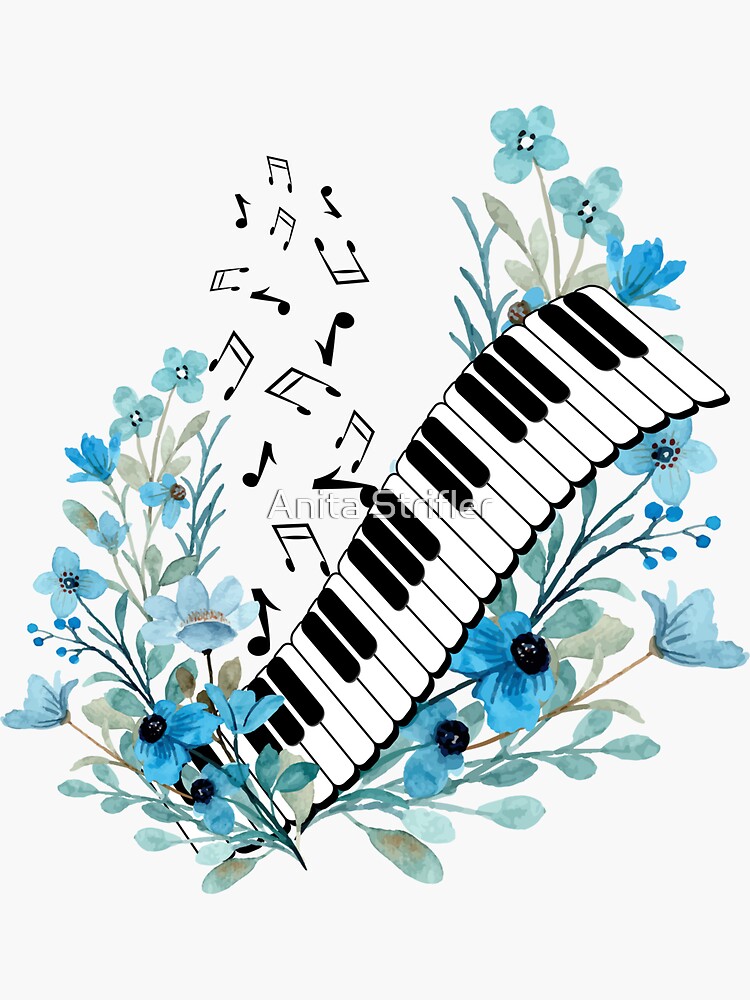 "Piano keyboard and musical notes with blue flowers" Sticker for Sale ...
