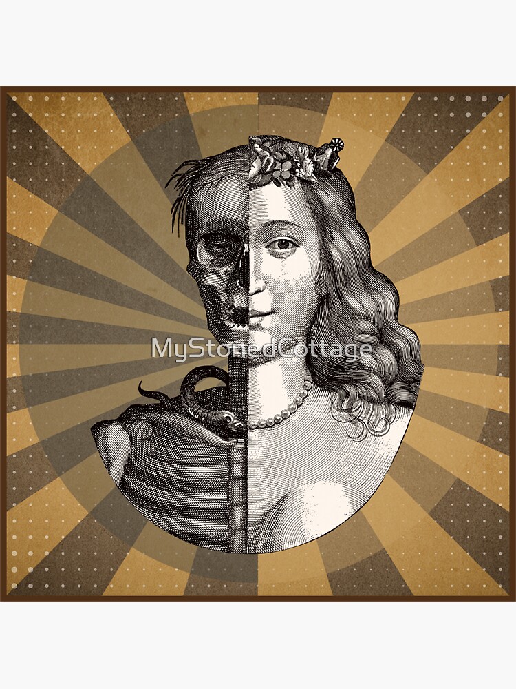 "When You Feel Half Dead Vintage Skeleton Illustration" Sticker for ...