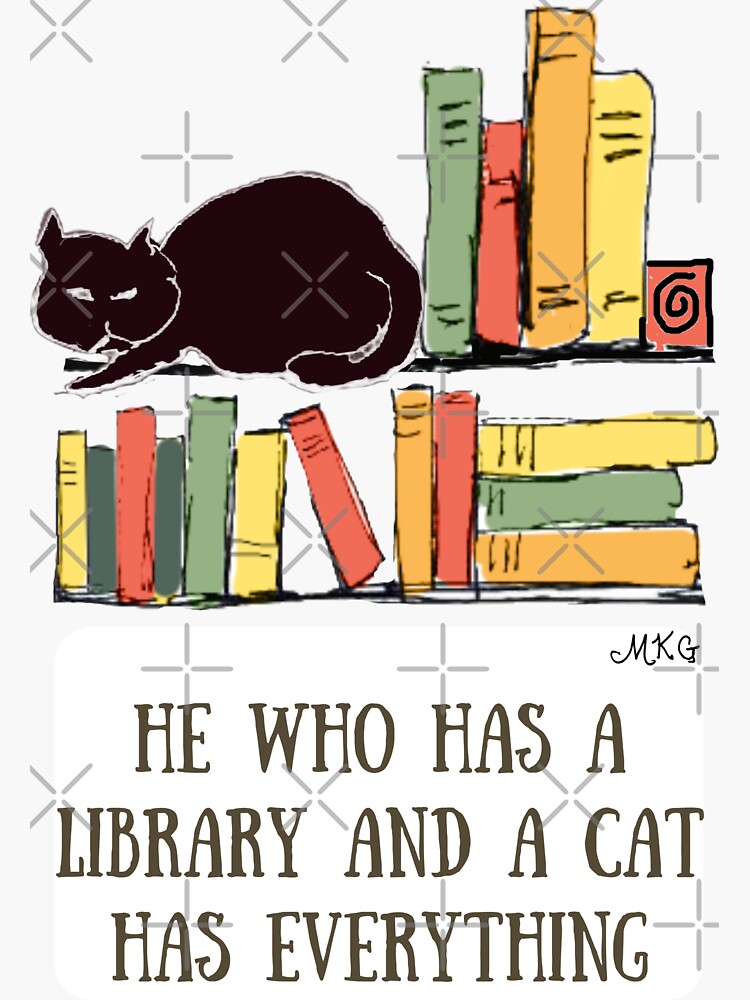 "Literary Cat Dad Design, Library Cat Black Cat On Bookshelf" Sticker ...