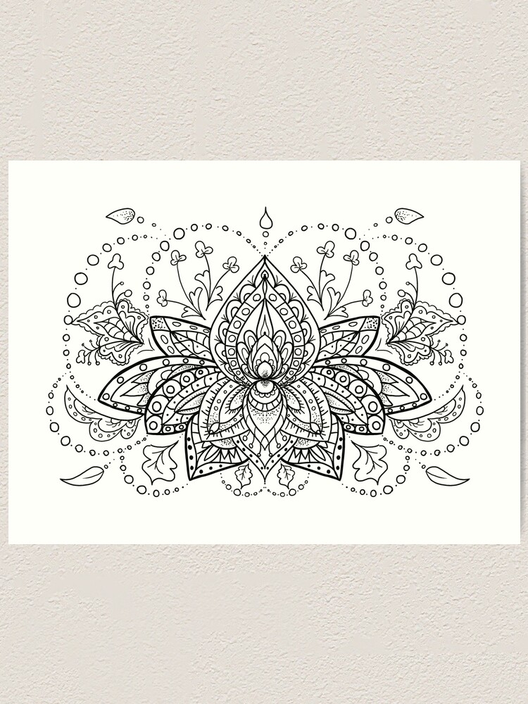 "Lotus Flower Zentangle Mandala Black and White Design" Art Print by ...