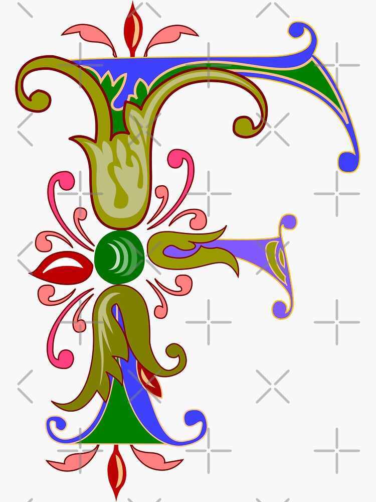 "Floral Letter F botanical monogram. colorful Capital Vintage ornament ...