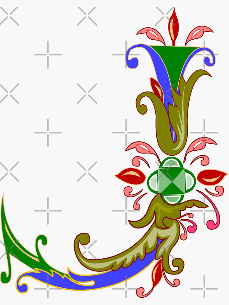 "Floral Letter J botanical monogram. colorful Capital Vintage ornament ...