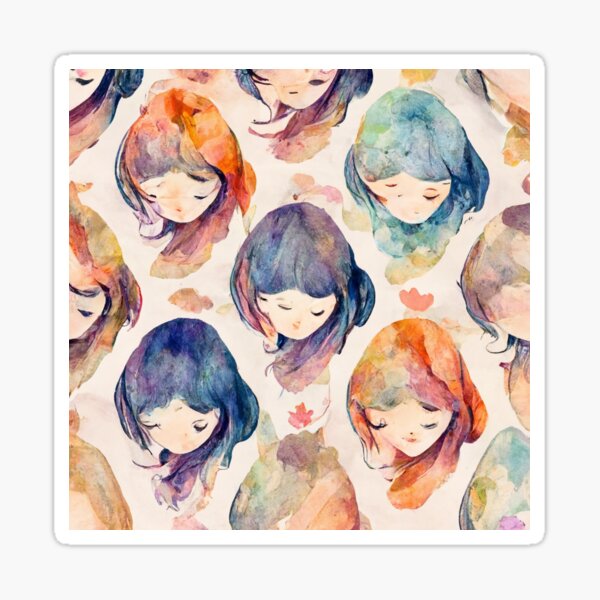 "Anime Girls Watercolor Cute Faces" Sticker for Sale by AndrewJStephens ...