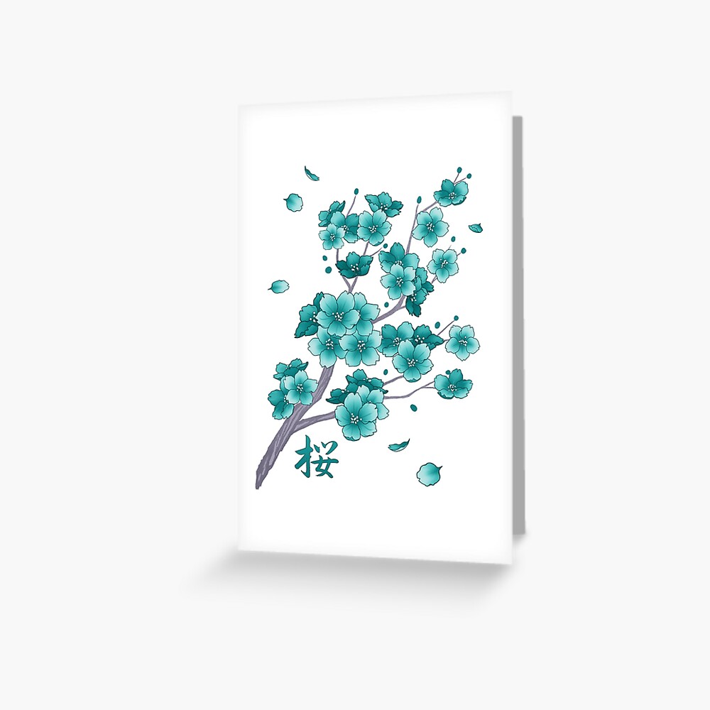 "Falling teal blue Sakura Cherry Blossom branches on white" Greeting ...