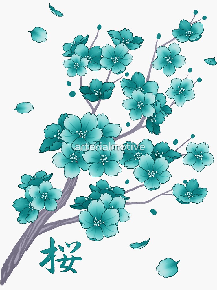 "Falling teal blue Sakura Cherry Blossom branches on white" Sticker for ...