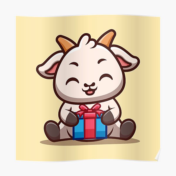 "Cute Goat Sitting with Gift Box Illustration " Poster for Sale by ...
