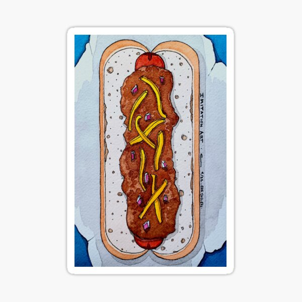 "Chili dog *cheese / red onion" Sticker for Sale by ImitationArt ...
