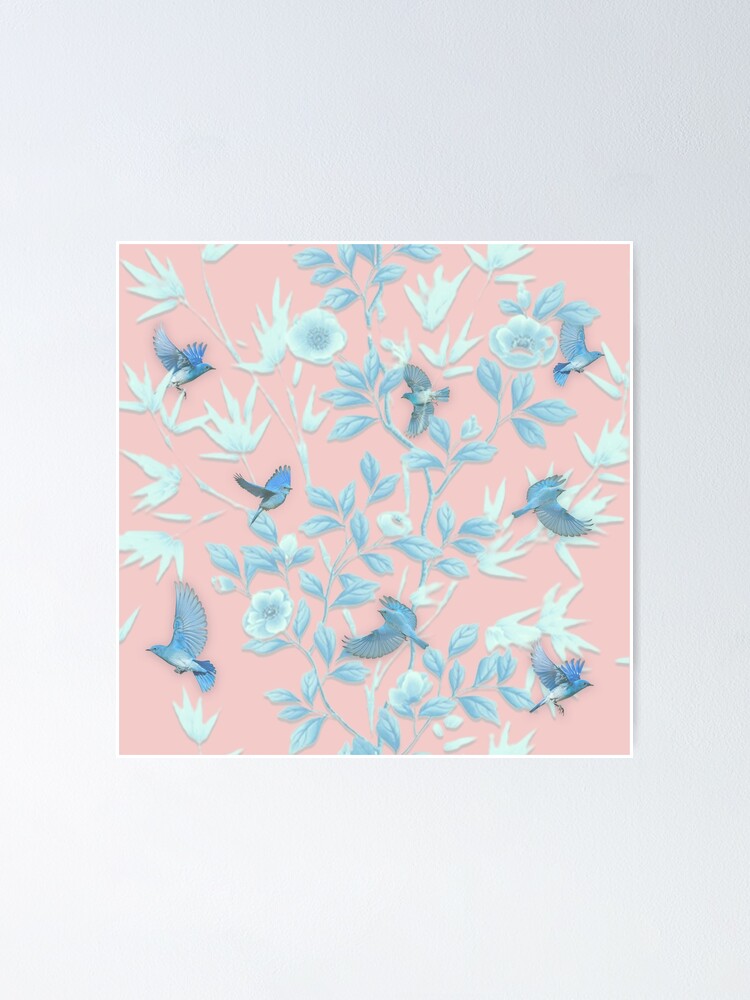 "light blue flowers and bird , Background light rose color" Poster for ...