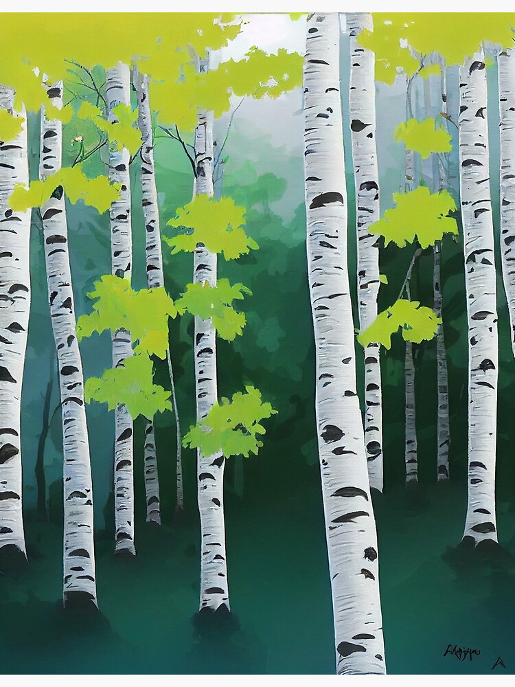 "Birch Trees In Forest With Leafs, Child Type Art, Watercolor Painting ...