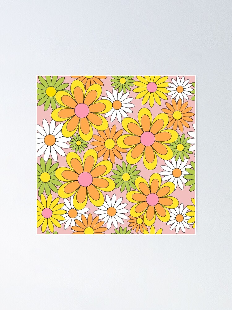 "Vintage 70s Flower Power Orange, Pink & Yellow Retro Daisy" Poster for ...