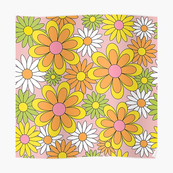 "Vintage 70s Flower Power Orange, Pink & Yellow Retro Daisy" Poster for ...