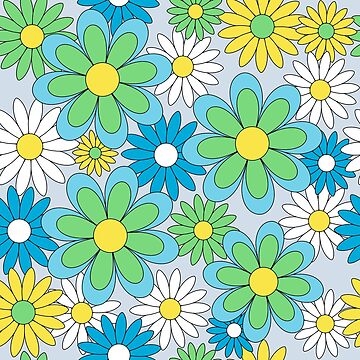 "Vintage 70s Flower Power Blue, Green & Yellow Retro Daisy" Sticker for ...