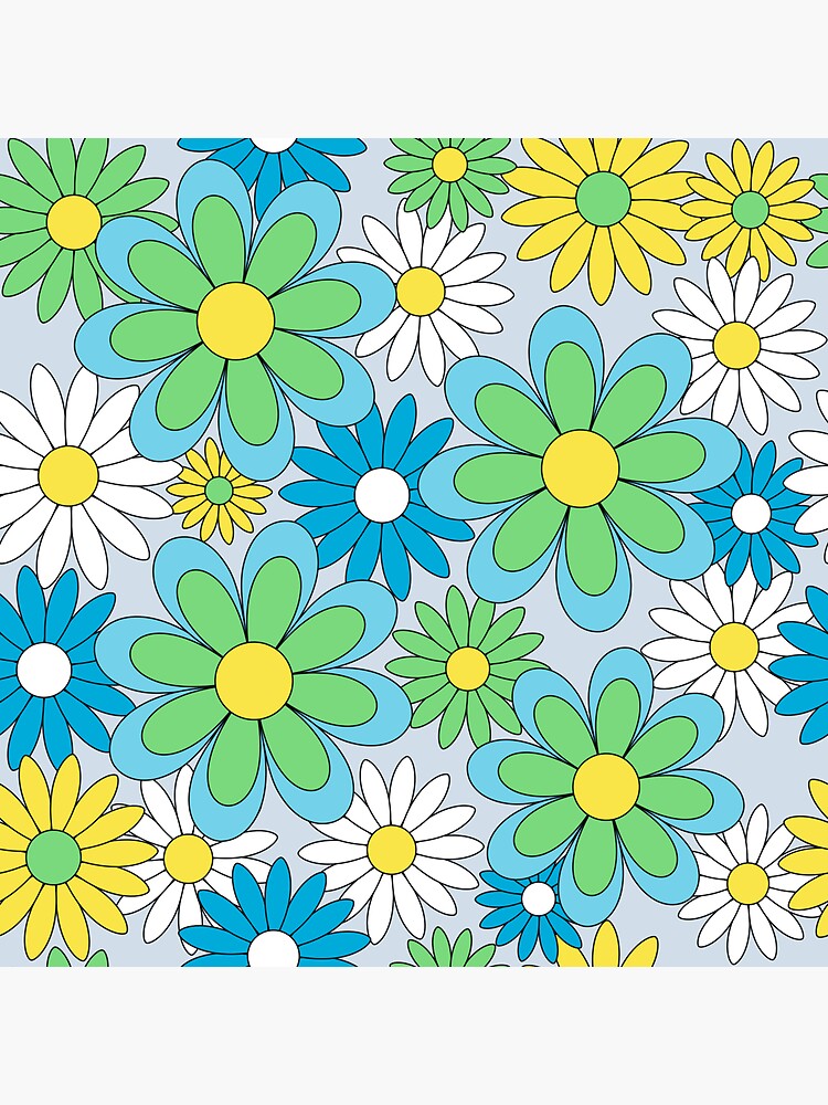 "Vintage 70s Flower Power Blue, Green & Yellow Retro Daisy" Sticker for ...
