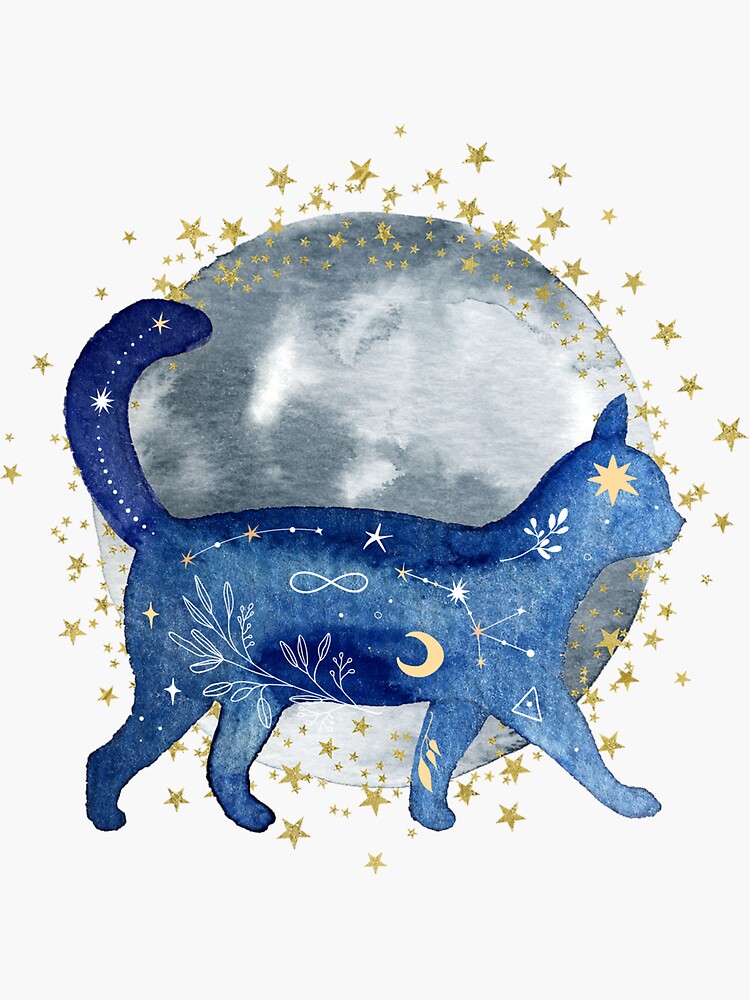 "Kitty Cat Moon and Gold Stars Celestial Watercolor Art " Sticker for ...