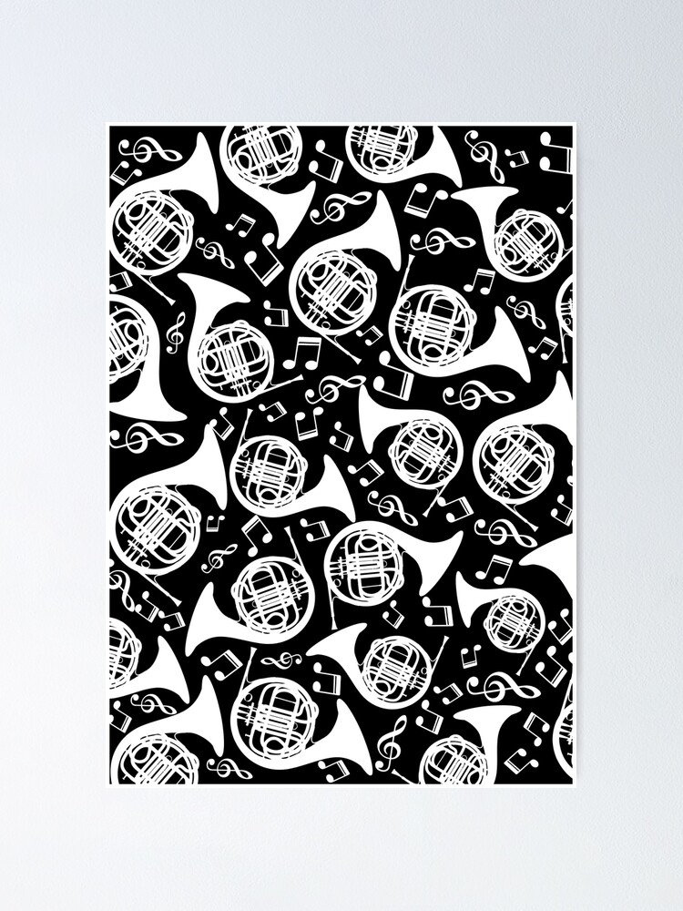 "French Horn And Music Notes Pattern White" Poster for Sale by ...