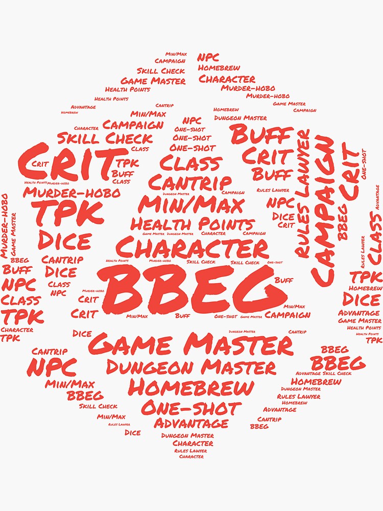 "D20 Word Cloud Table Top RPG Terms" Sticker for Sale by CriticalBison ...