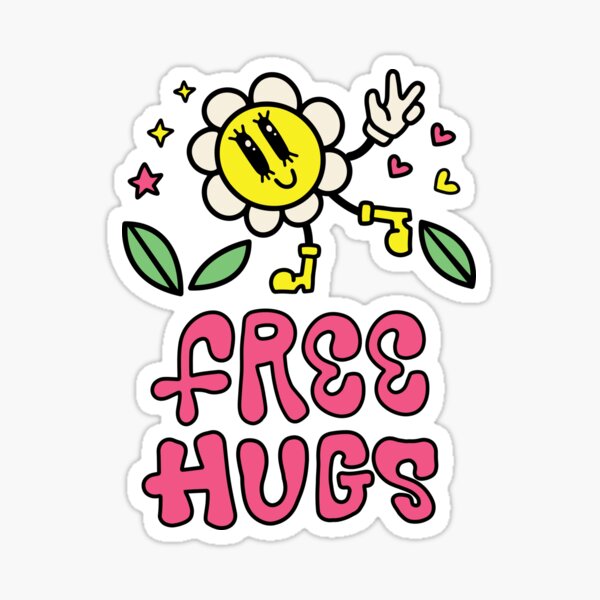 "Groovy Cute Flower Free Hugs and Hearts" Sticker for Sale by bolimj ...