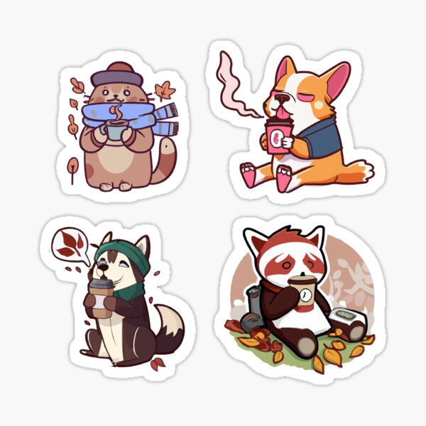 "Cute animals drinking coffee in the Autumn/Fall- Multi-Sticker Pack ...