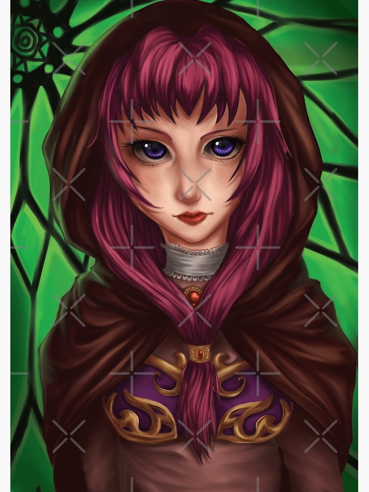 "Mysterious anime priestess with mauve hair and neon green stained ...