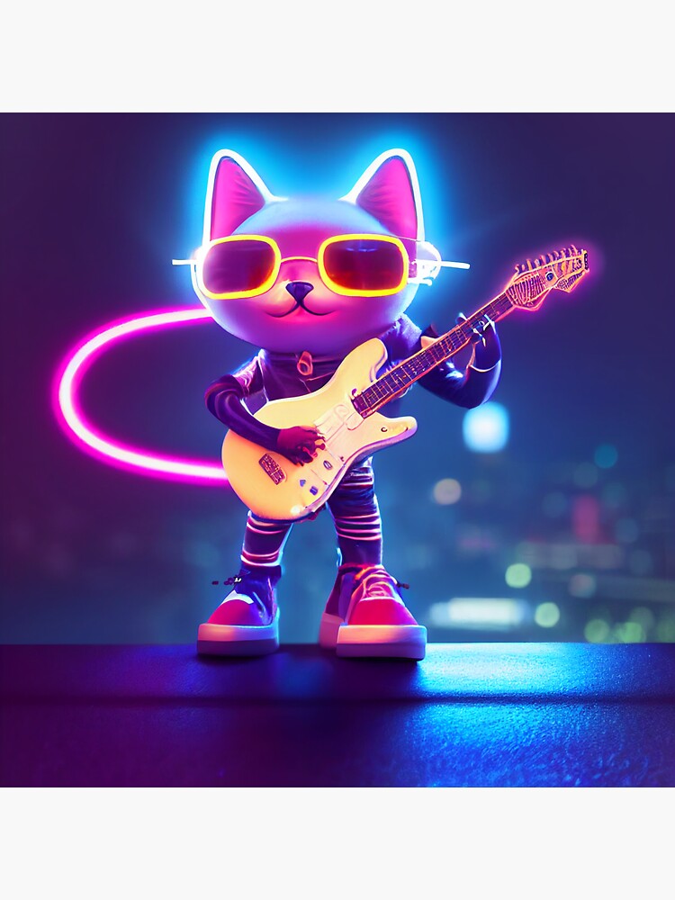 "Neon cat playing guitar" Sticker for Sale by Promptjourney | Redbubble