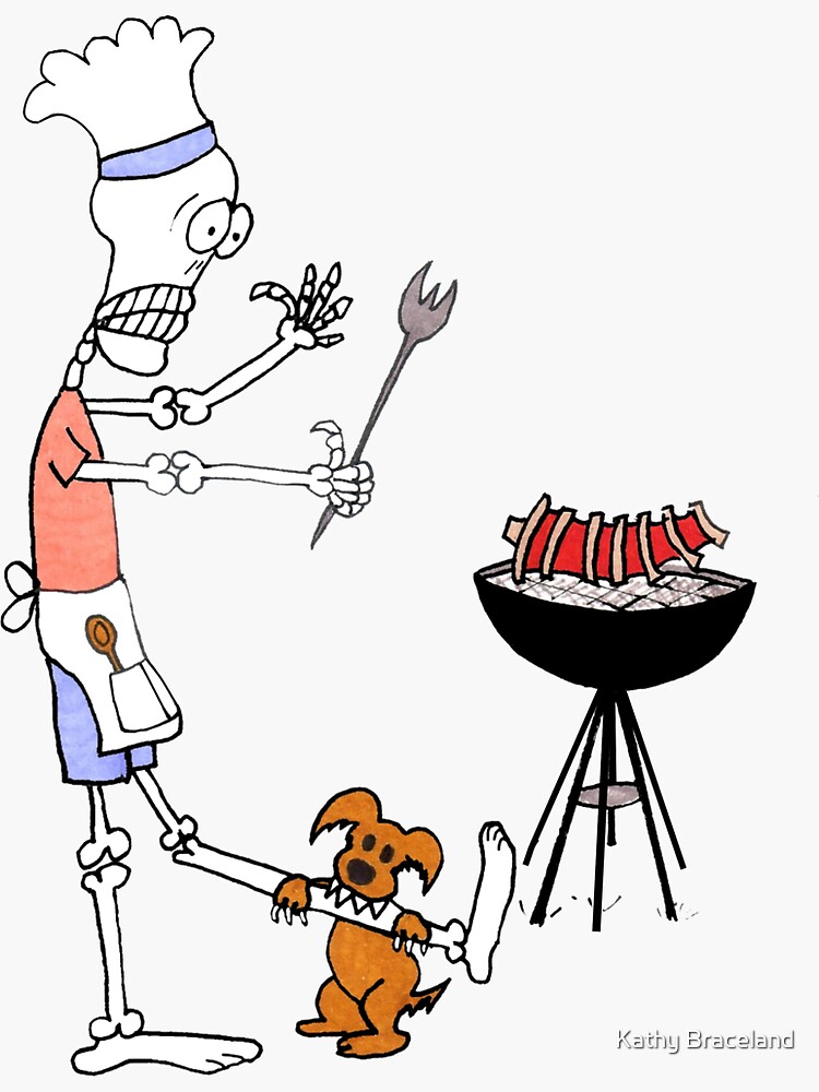 "Cartoon Skeleton BBQ Cook Grilling Ribs with Dog Chewing Bone" Sticker ...