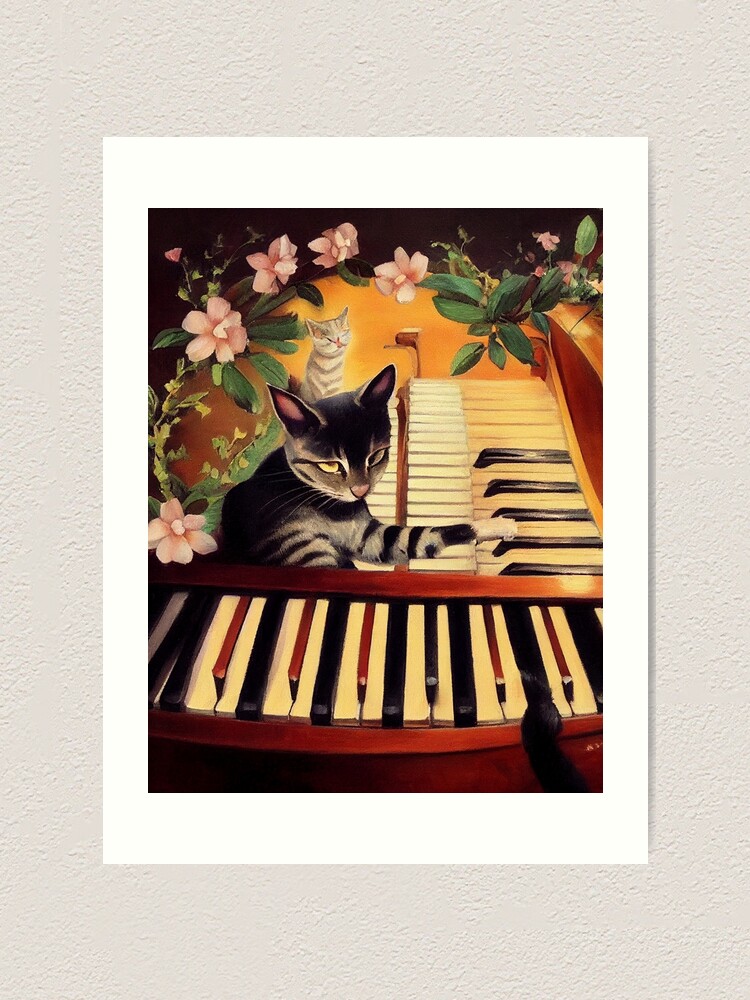 "Cat playing piano, cartoon illustration, cute, funny, piano, music ...