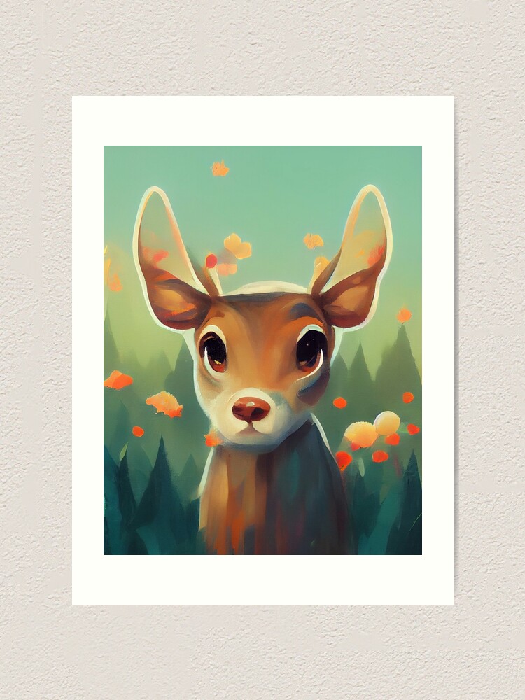 "Baby deer in nature, cute 2d painting, watercolor art, painting, child ...