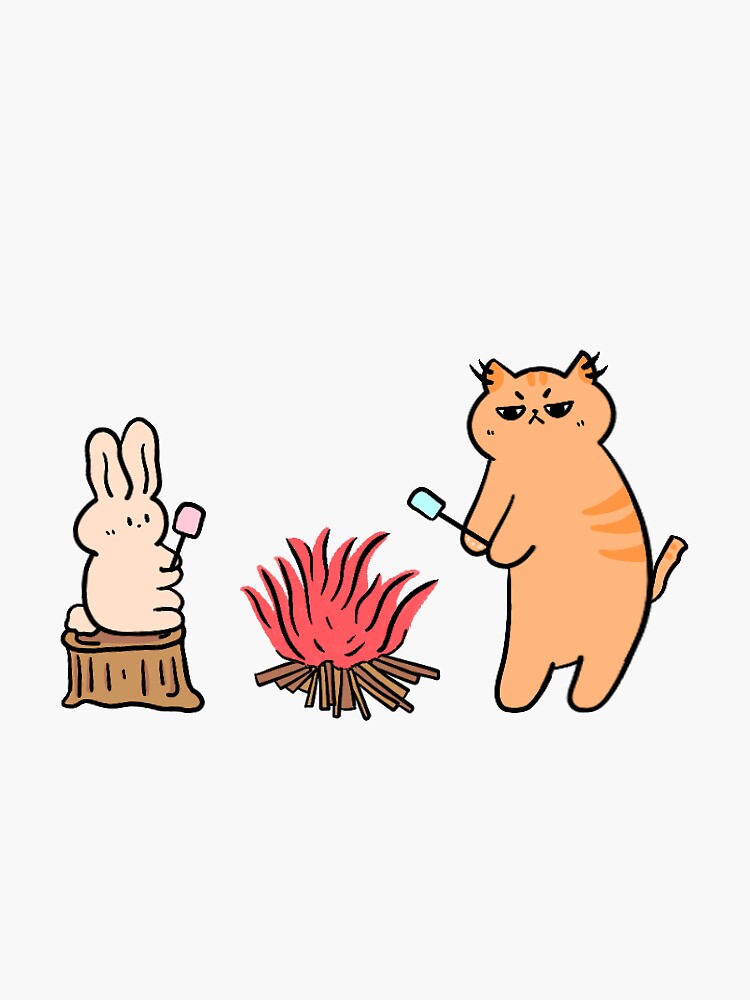 "Campfire rabbit and cat" Sticker for Sale by black-cat-shop | Redbubble