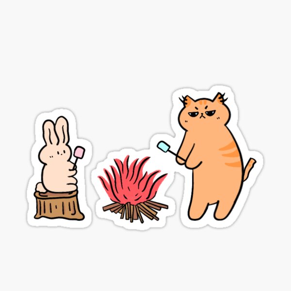 "Campfire rabbit and cat" Sticker for Sale by black-cat-shop | Redbubble