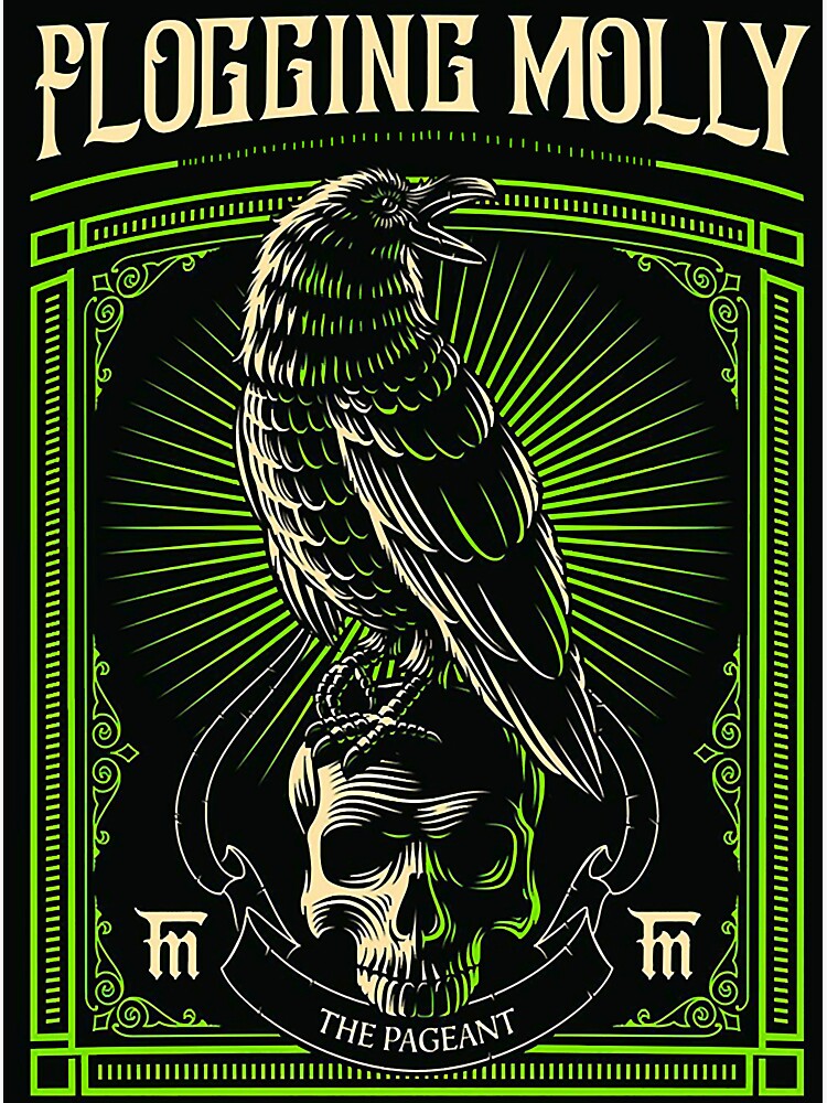"Flogging molly black crow and skull, green background " Sticker for ...