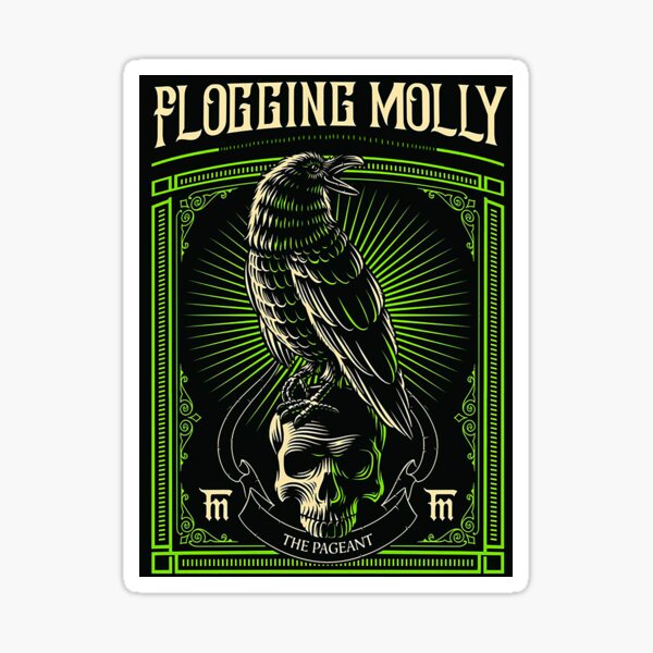 "Flogging molly black crow and skull, green background " Sticker for ...