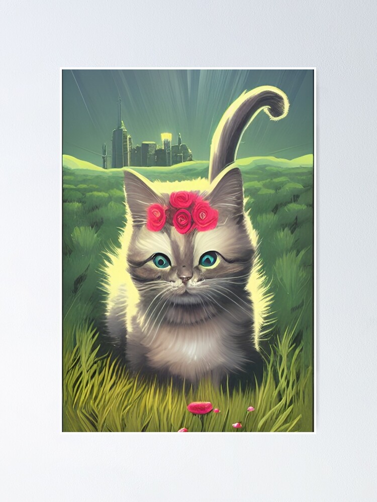 "Cute cat walking between grass and flowers." Poster for Sale by Art ...