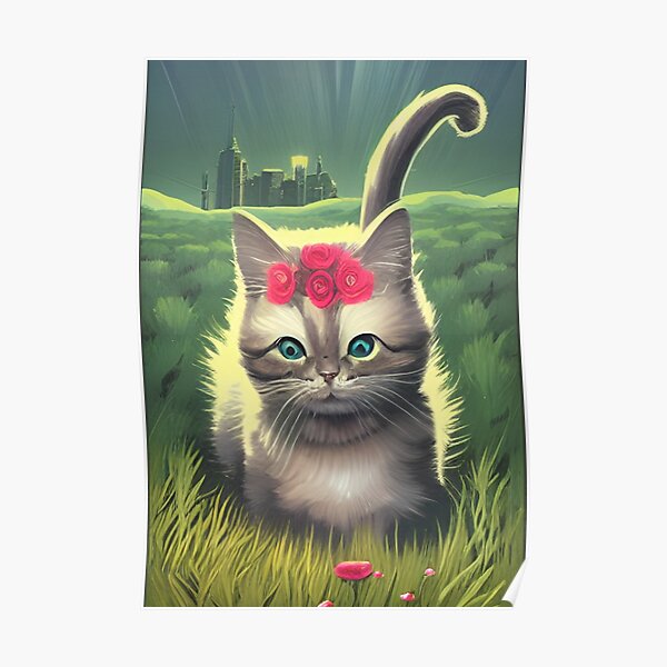 "Cute cat walking between grass and flowers." Poster for Sale by Art ...