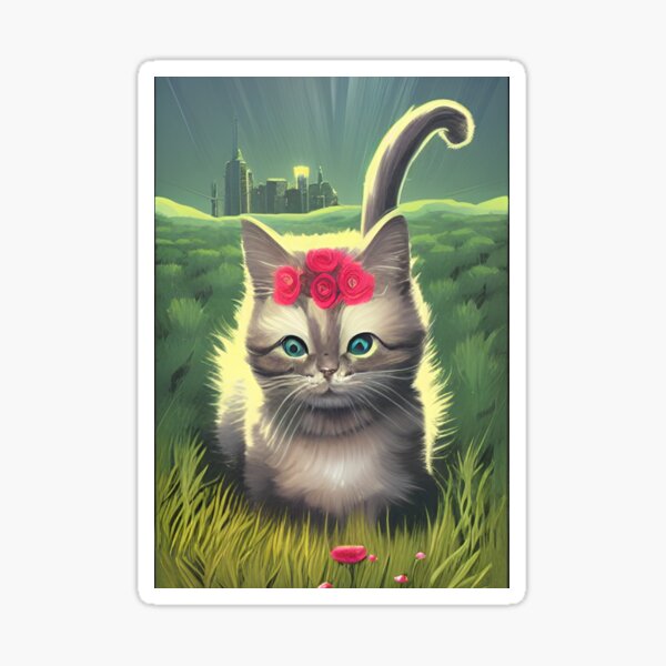 "Cute cat walking between grass and flowers." Sticker for Sale by Art ...