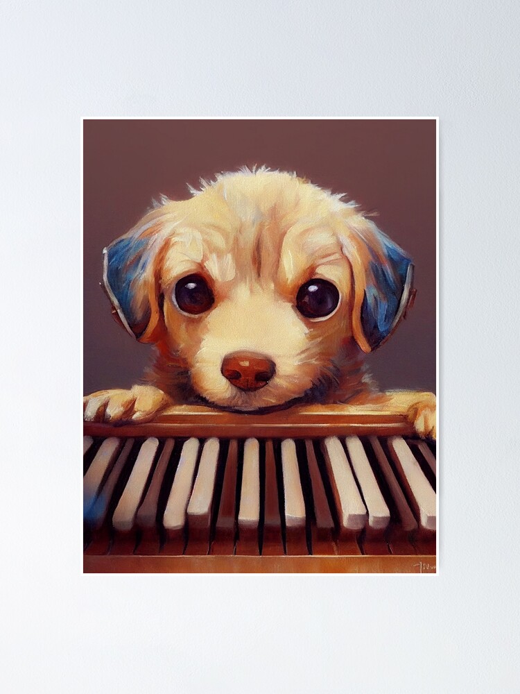"Dog playing piano cute realistic art, painting, drawing, art, painting ...