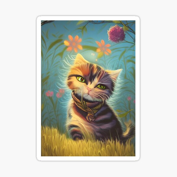 "Cute cat walking between grass and flowers." Sticker for Sale by Art ...