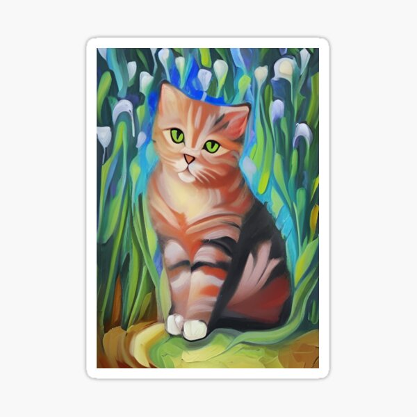 "Cute cat standing between grass and flowers." Sticker for Sale by Art ...