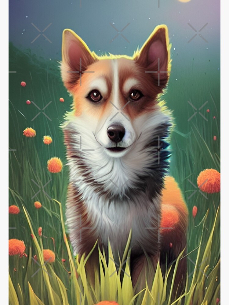 "Cute dog standing between grass and flowers." Sticker for Sale by Art ...