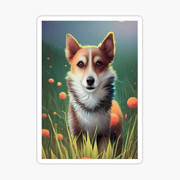 "Cute dog standing between grass and flowers." Sticker for Sale by Art ...