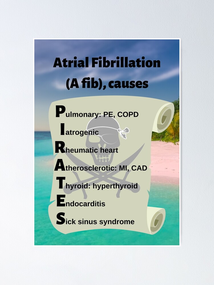 "Atrial Fibrillation (a Fib), Causes: PIRATES Medical Mnemonic" Poster ...