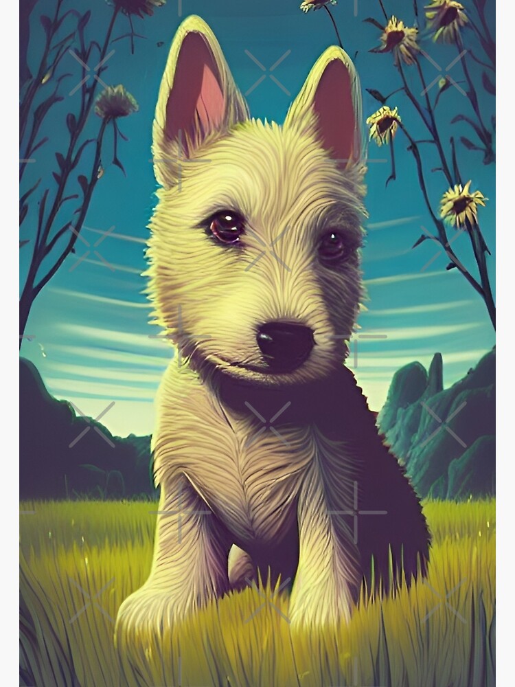 " Cute dog standing between grass and flowers." Poster for Sale by Art ...