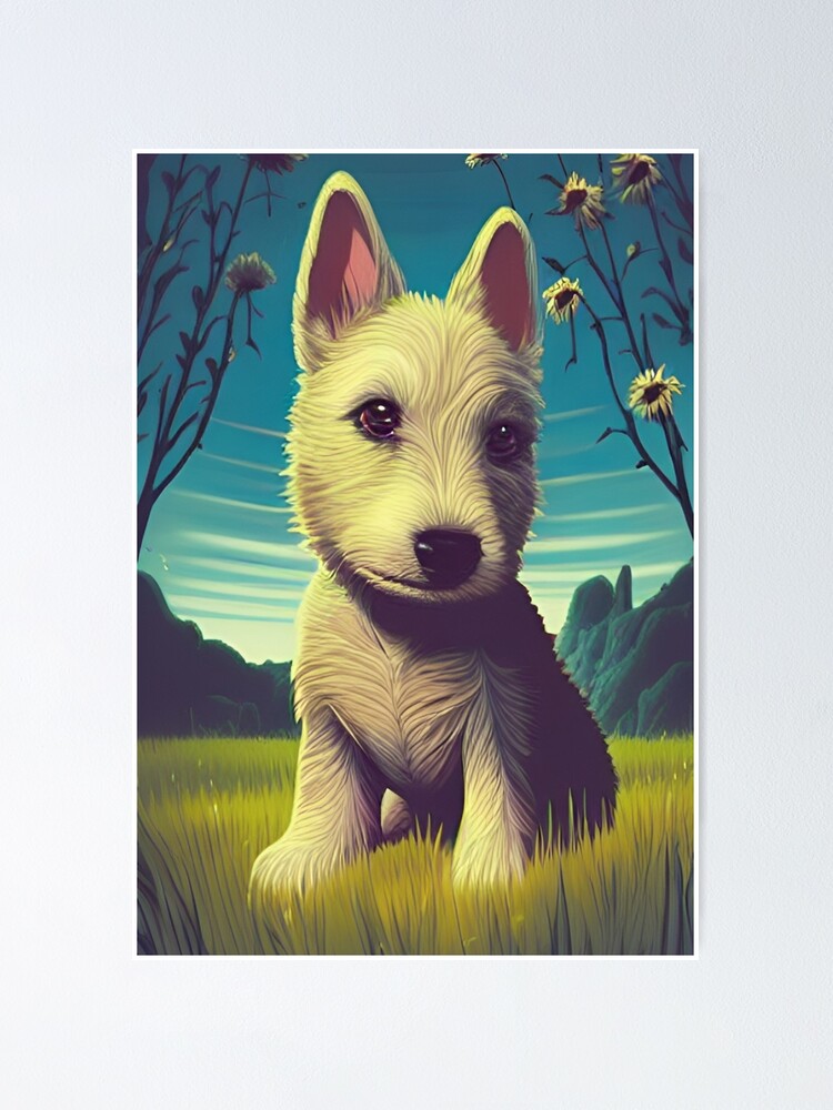 " Cute dog standing between grass and flowers." Poster for Sale by Art ...