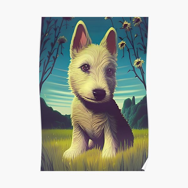 " Cute dog standing between grass and flowers." Poster for Sale by Art ...