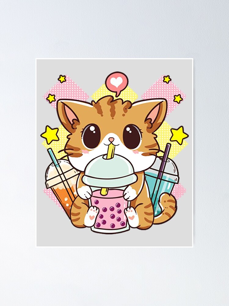 Kawaii Neko Anime Cute Cat Boba Tea Bubble Tea Poster For Sale By