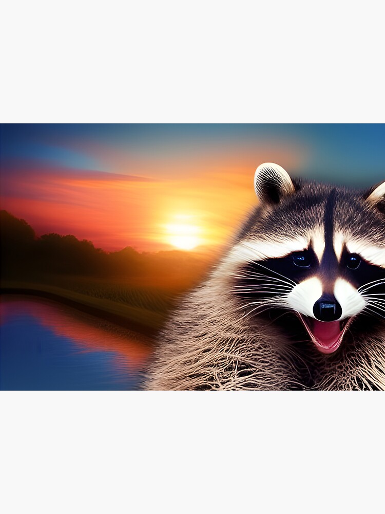 "Funny Raccoon Face Sunset Art AI Generated Artwork" Sticker for Sale ...
