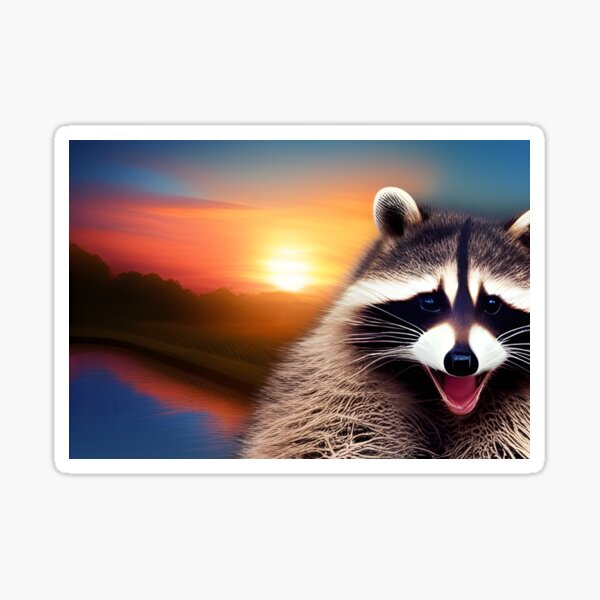 "Funny Raccoon Face Sunset Art AI Generated Artwork" Sticker for Sale ...